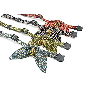 PetSoKoo Cute Bunny Ears Bowtie Cat Collar with Bell, Ancient Arabesque Print, Japan Lucky ’開三運’ Charm. Safety Breakaway, Soft, for Girl Boy Male Female Cats,Light Blue