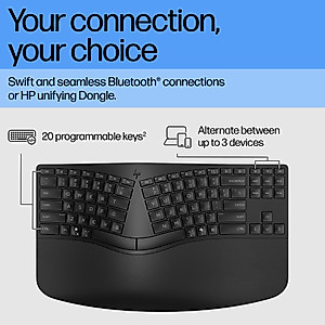 HP 960 Ergonomic Wireless Keyboard - Connect 3 Devices with Bluetooth & Unifying Dongle Connectivity - 20 Programmable Keys, Detached Numeric Keypad - Extra-Large Foam Wrist Rest, Long Battery Life