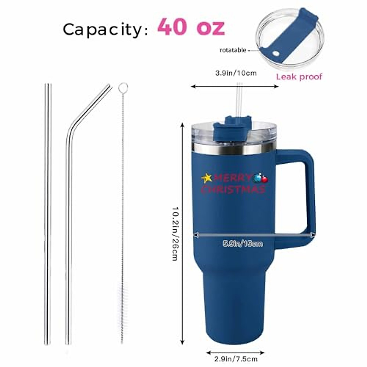 LB LEOBON 40 ounce insulated cup with handle, double-layer vacuum stainless steel material, equipped with straw, can keep warm or maintain cold drinks Merry Christmas Stars Balls Cowboy Blue