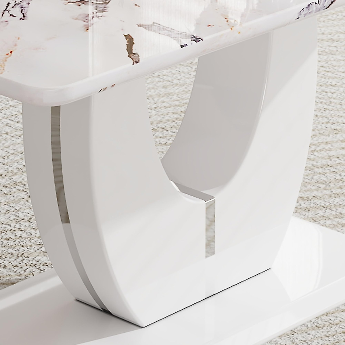 HomVent 63” Contemporary Style Rectangle Kitchen Table with 6 Faux Leather Chair, Dining Room Table with Wood U-Base, Simplistic Kitchen Table Dining Table (White w/ 6 Light Gray Chair)