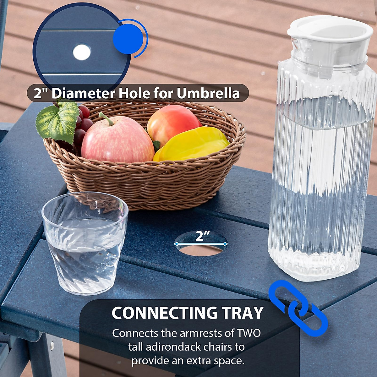 INTOBOO Tall Adirondack Chair Set of 2, HDPE Adirondack Barstools, Double Balcony Chairs with Connecting Tray, Weather Resistant for Outdoor, Poolside, Patio, Garden, Backyard (Navy)