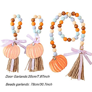 3Pcs Fall Pumpkin Wood Bead Garland with Tassels Decor, Thanksgiving Harvest Bead Garlands Farmhouse Rustic Prayer Beads Hanging Decoration for Tiered Tray Vase Home Kitchen Wall Ornaments (Fall - B)