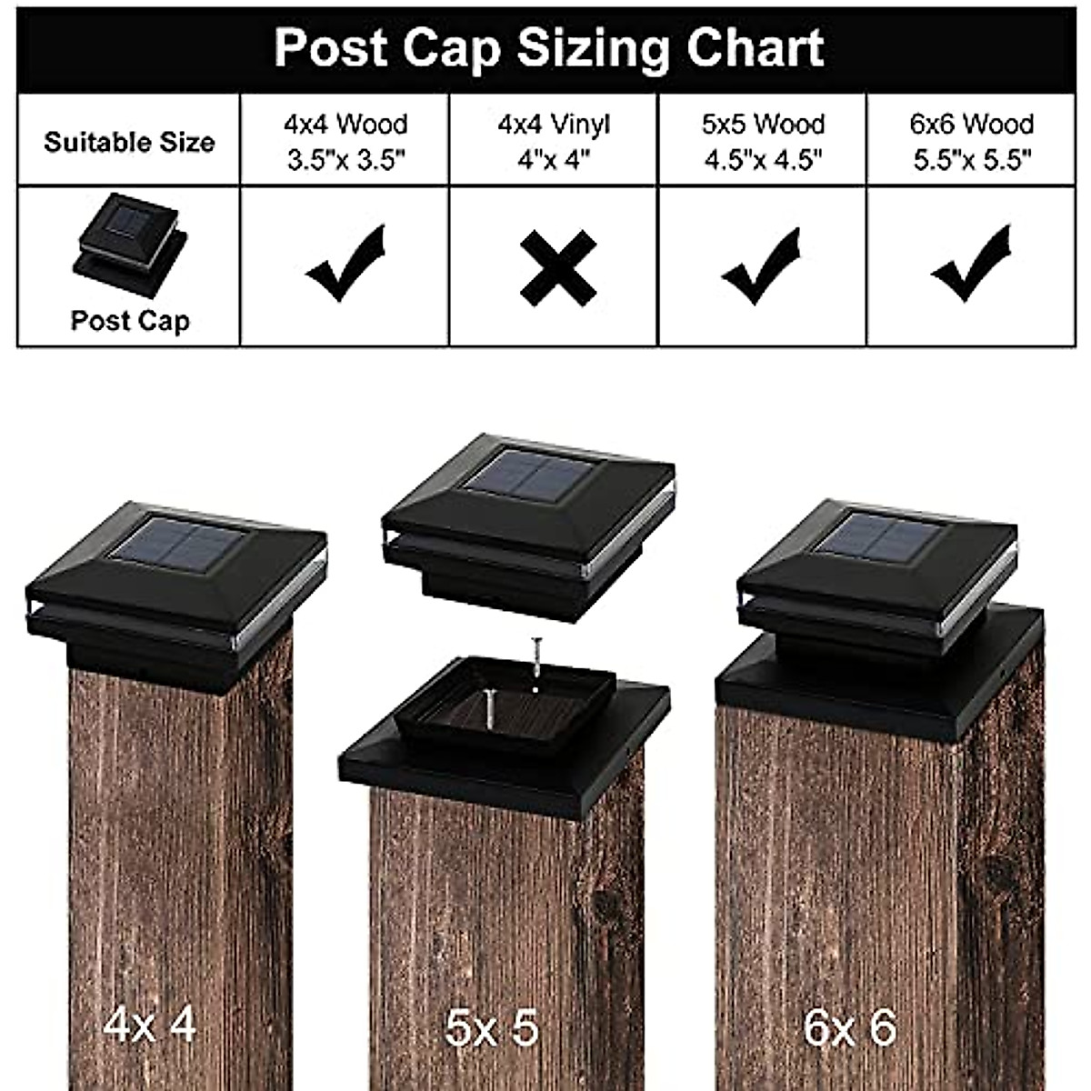 Viewsun 2 Pack Solar Post Lights, Outdoor Fence Post Cap Light Solar Powered Caps for Deck, Patio, Garden Decor, Warm White High Brightness SMD LED Lighting, Lamp Fits for 4x4 or 6x6 Wooden Posts