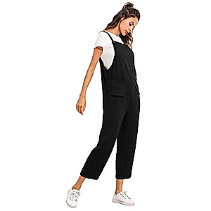 Verdusa Women's Adjustable Straps Jumpsuit Overalls with Pockets Black XL