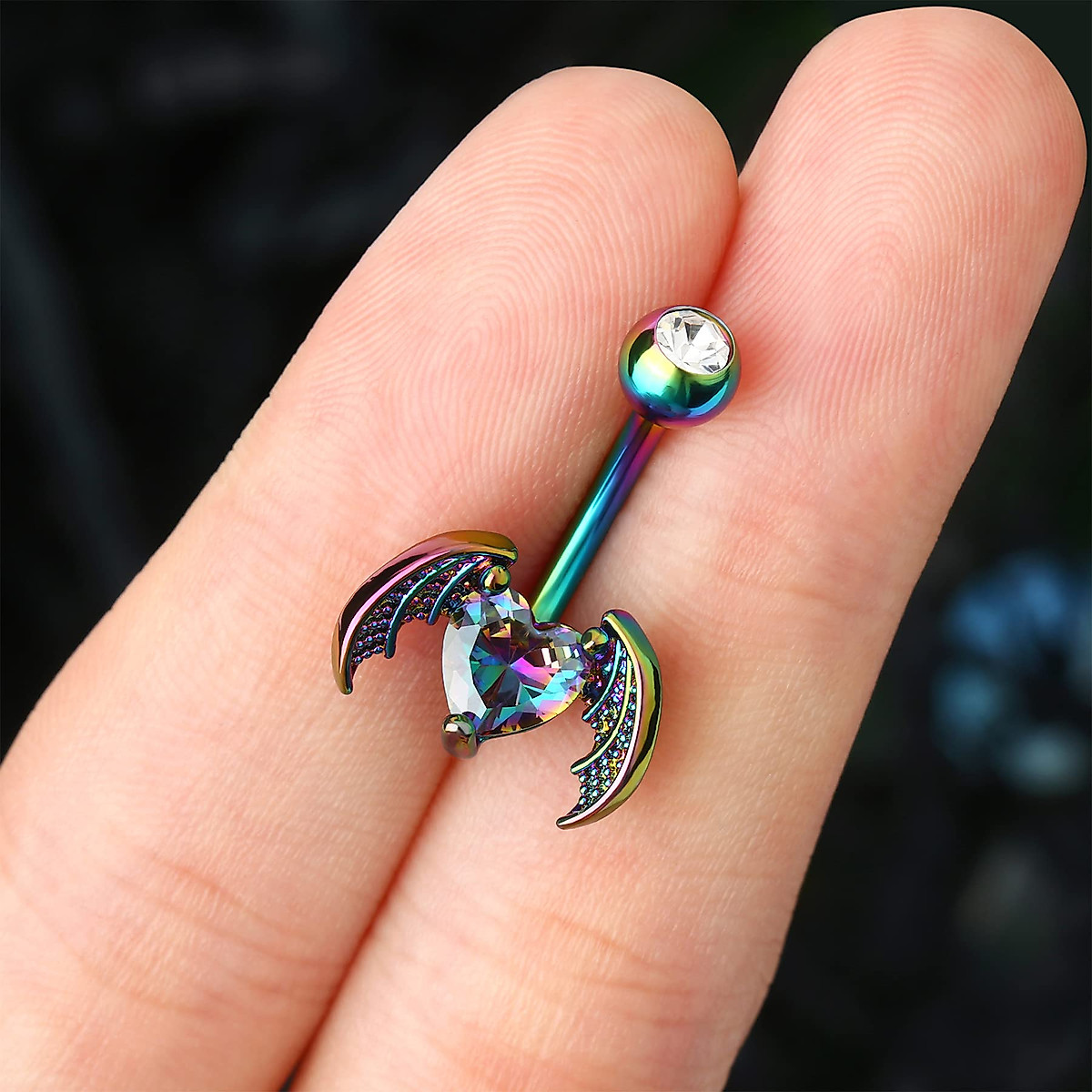 CM Crareesi Mania Navel Piercing Jewelry 14G Bat Belly Button Ring 316L Stainless Steel 10mm Belly Ring Rainbow Belly Button Piercing Jewelry for Halloween