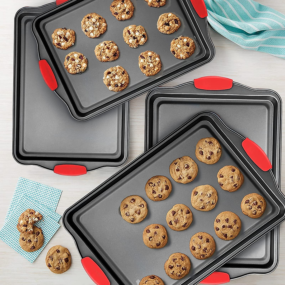 NBFTLTOP Baking Pan for Oven Non-Stick Baking Sheet Set of 4 w/Silicone Handles,Carbon Steel Baking Tray