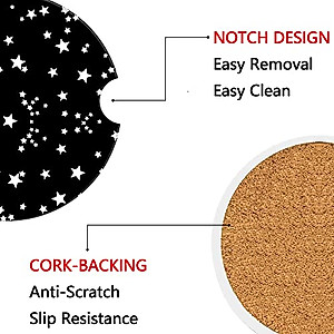 2 Packs Car Coasters Ceramic Cute Car Drinks Coasters for Cup Holders with Cork Back, Fingertip Grip, Drink Car Cup Holder Coasters for Women Men Car Protection 2.56" (Black Stars)