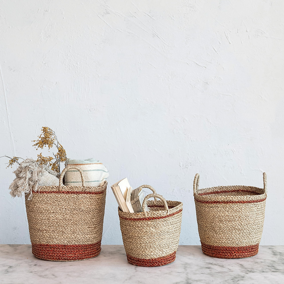 Creative Co-Op Woven Seagrass Baskets with Stripes and Handles, Natural and Brown, Set of 3