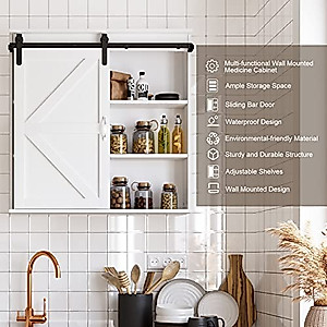 Wood Storage Wall Cabinet,Bathroom Hanging Cabinet with Sliding Barn Door and 3 Tiers Adjustable Shelf, Medicine Cabinet or Farmhouse Storage Wall Cabinet for Kitchen, Bathroom, Living Room,White