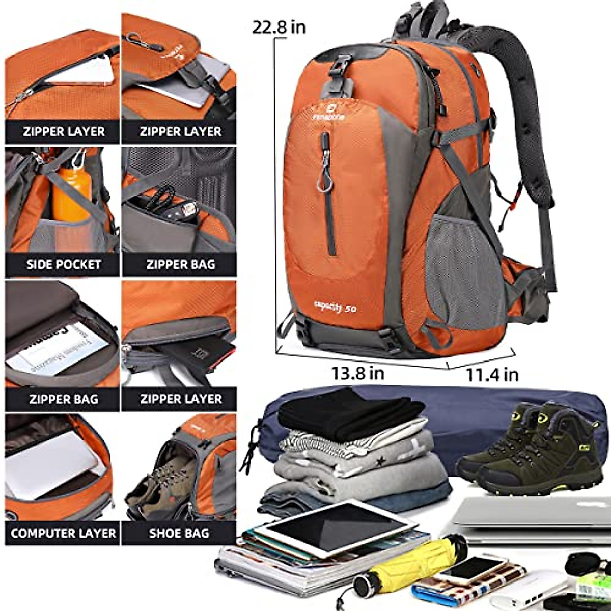 FENGDONG 50L Waterproof Lightweight Expandable Hiking,Camping,Travel Backpack with Shoes Compartment for Men Women Orange