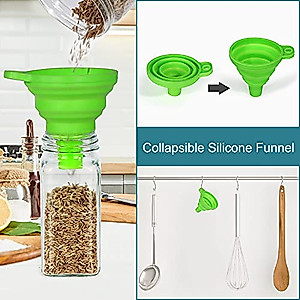 CycleMore 15 Pcs 4oz Glass Spice Jars Bottles, Square Spice Containers with Silver Metal Caps and Pour/Sift Shaker Lid-40pcs Black Labels,1pcs Silicone Collapsible Funnel and 1pcs Brush Included