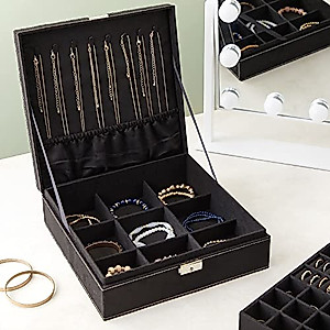 Black Jewelry Box with Lock and Key, 2 Layer Travel Display Case and Storage Organizer with Removable Tray for Earrings, Men, Girls, and Women (10.5x10.5x3.5 in)