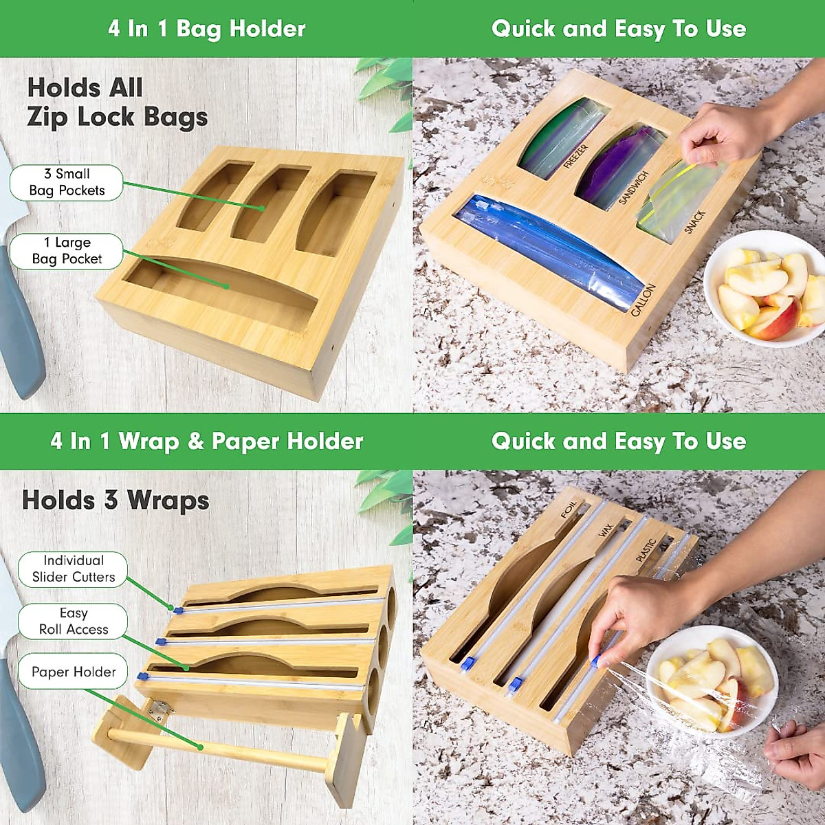 Foil and Plastic Wrap Organizer - Zip Lock Bag Organizer Plastic Wrap Dispenser with Cutter – Premium Bamboo Plastic Bag Organizer with Paper Towel Holder – Easy Installation