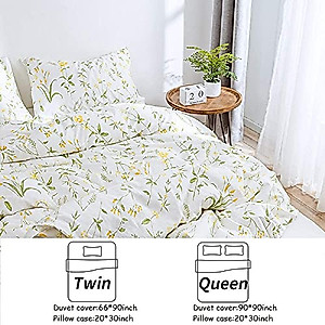 Lurson White Botanical Floral Duvet Cover Set Full Queen Size 100 Organic Cotton Boho Floral Bedding Set Yellow Green Flower Printed Reversible Comforter Quilt Cover Zipper Closure 3 Pieces (HH,Q)