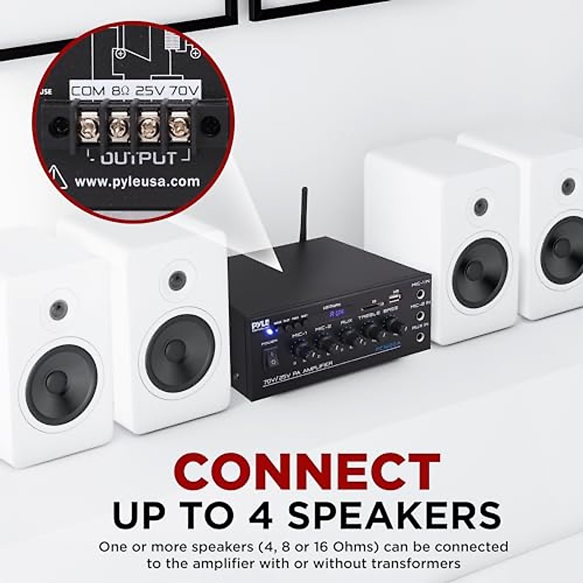 Pyle Compact Mini Home Power Amplifier - 40W Smart Small Audio Stereo Receiver w/ AUX 2 Microphone IN COM/8-Ohm/25V/70V Speakers LED Input Selector For PA Amplified Speaker Sound System PCM20A