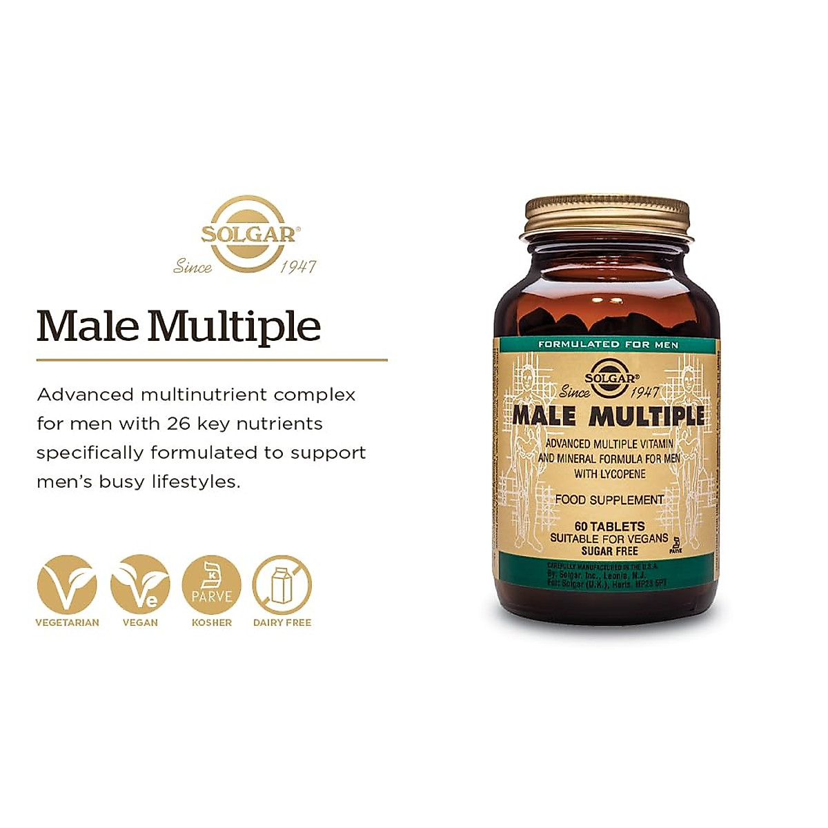 Solgar Male Multiple, 180 Tablets - Multivitamin, Mineral & Herbal Formula for Men - Advanced Phytonutrient - Vegan, Gluten Free, Dairy Free - 90 Servings