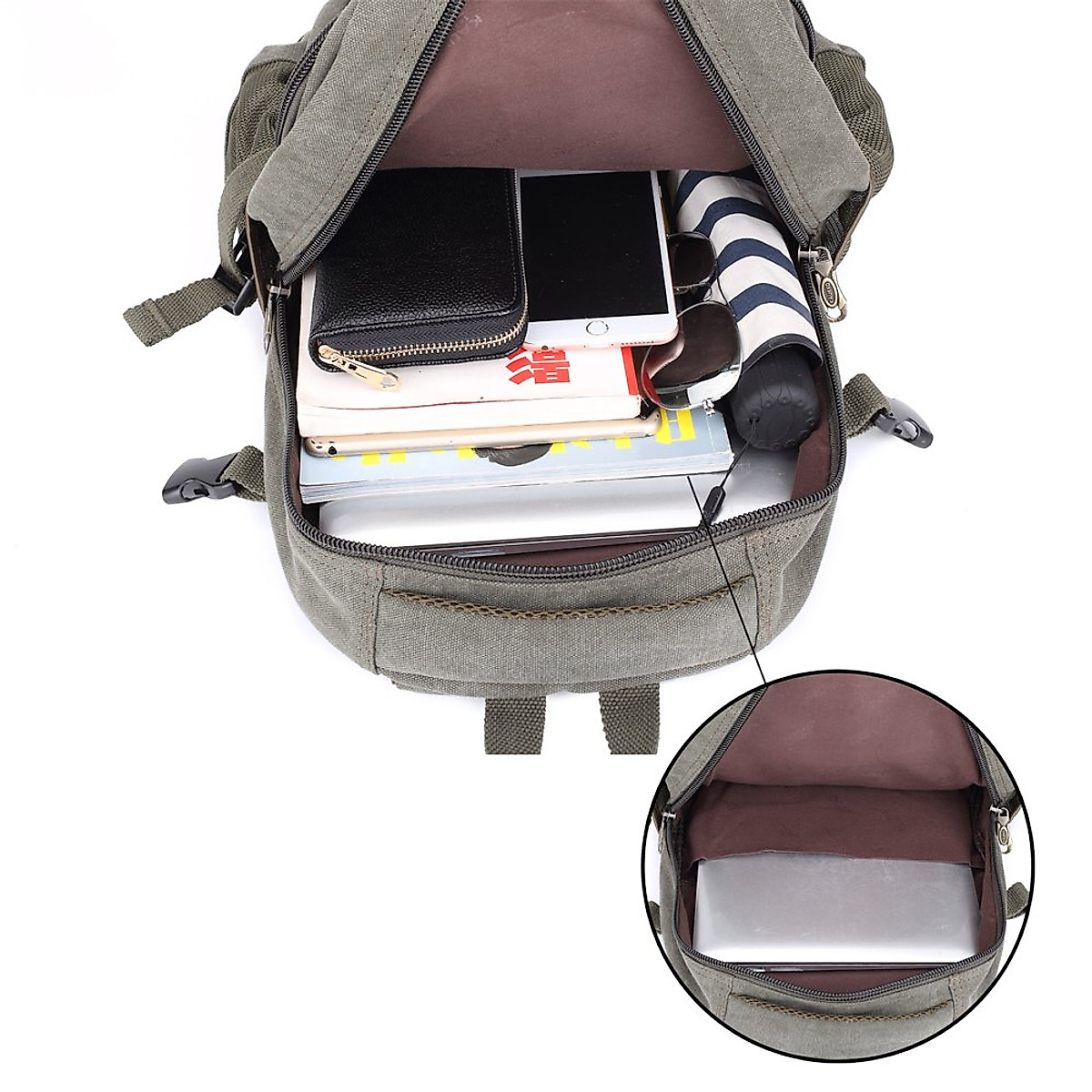 KAUKKO Canvas Backpack Vintage Causal Rucksack Unisex Backpacks for Travel Camping Hiking Army Green