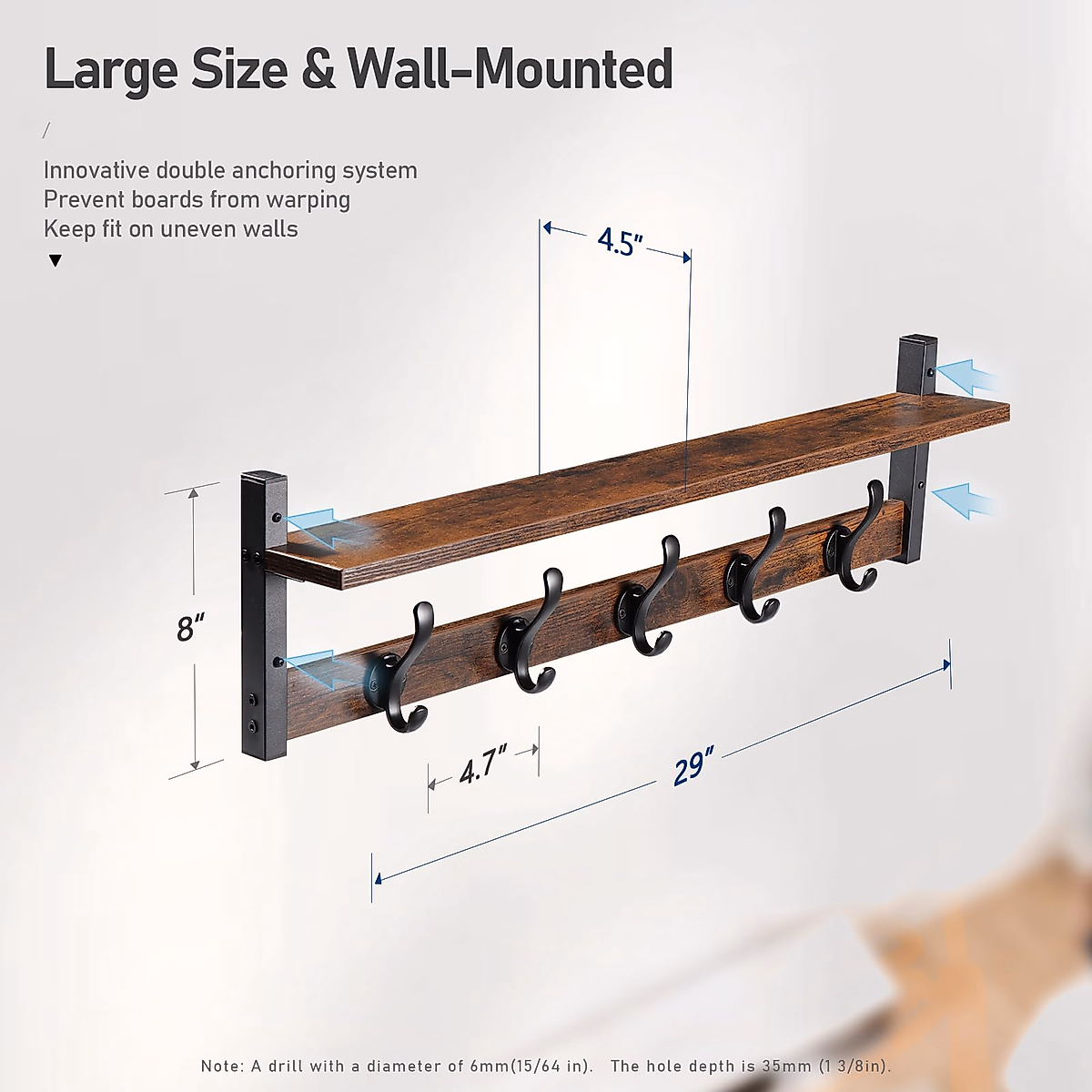 Tatub 29" Rustic Coat Rack Wall Mount with Shelf, Wall Hooks with Shelf, Entryway Floating Shelf with 5 Metal Hooks, Coat Hangers for Entryway, Living Room, Bedroom, Brown Black