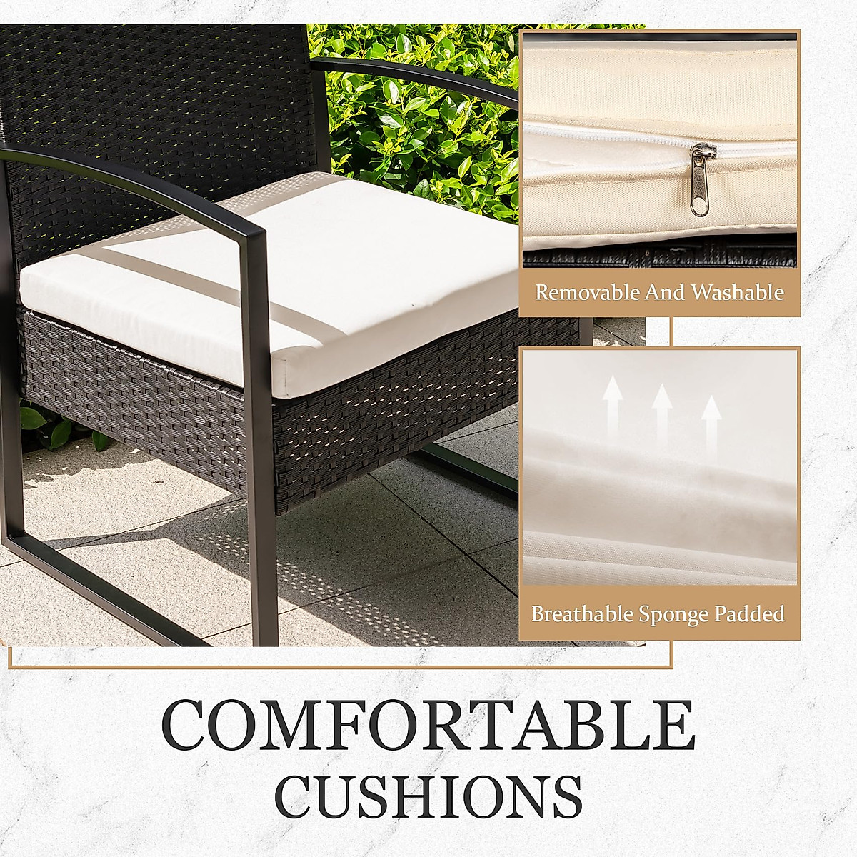 PatLoom 3-Piece Outdoor Patio Set – All-Weather Wicker Rattan Chairs with Cushions & Glass Coffee Table, Perfect for Backyard, Garden, Balcony, or Poolside Lounge Furniture