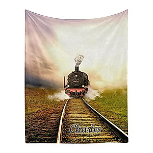 Train Sky Personalized Blankets Custom Super Soft Fleece Blanket with Name 50'' x 60'' Throws for Men Women Wedding Gifts
