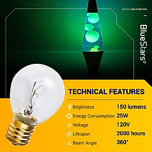 BlueStars 6-Pack Lava Lamp Bulbs 25 Watt E17 Base S11 Bulb The Lava Lamp Original Replacement Bulbs for 14.5-Inch/20-Ounce Lava Lamp, Glitter Lamps Dimmable - Warm White - Long Life