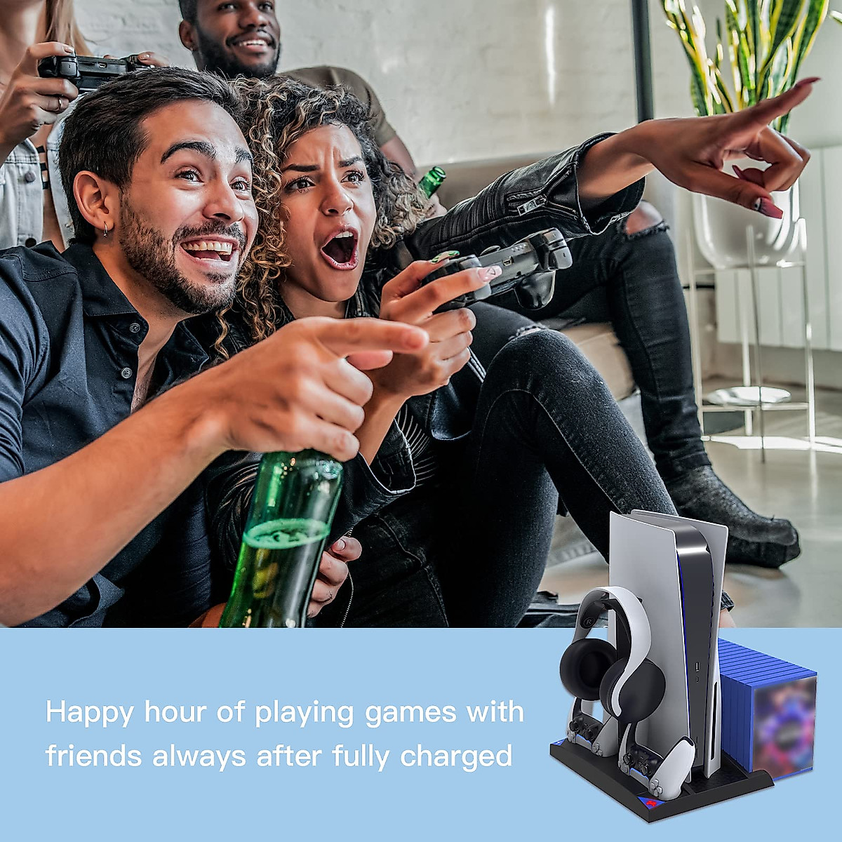 Goluodck PS5 Stand with Suction Cooling Fan and Dual Controller Charger Station for Playstation 5 PS5 Console, Suction Cooler Fan with Charging Dock Station and 12 Games Storage