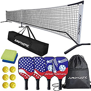 Carbon Fiber Pickleball Set with Net, Pickleball Set Include 4 Carbon Fiber Paddles, 22ft UV-Resistant PE Pickleball Net and Anti-Rust Frame, 6 Pickleballs, 2 Portable Carry Bags, 2 Cooling Towels