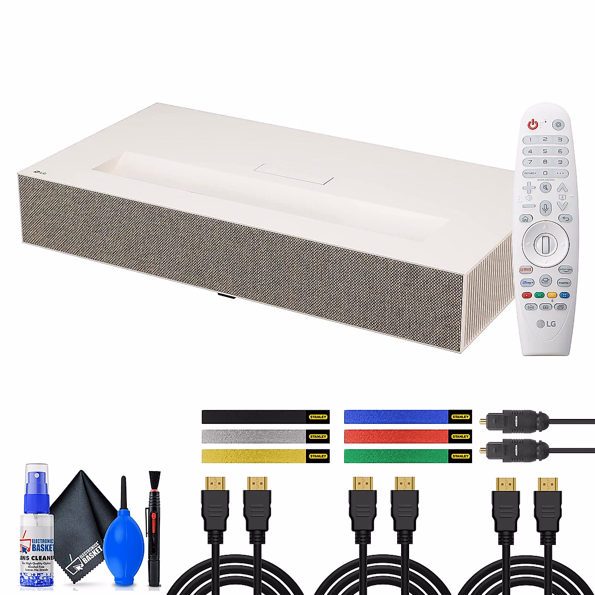 LG CineBeam HU915QE 3700-Lumen XPR 4K UHD Ultra-Short Throw Laser DLP Smart Home Theater Projector (HU915QE) + 3 x HDMI Cable + Optical Audio Cable + Cleaning Kit + Straps