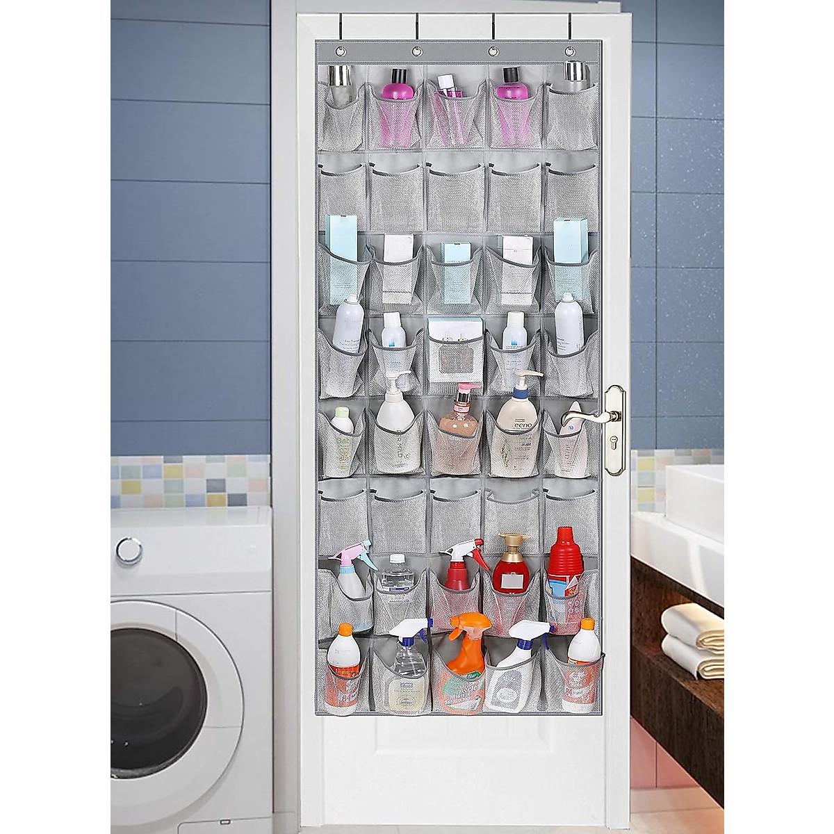 KIMBORA Large Hanging Storage Organizer Wide Over the Door Pantry Organizer kids Shoe Rack with 40 Mesh Pockets for Bathroom Cleaning Room, Grey