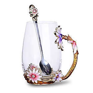 Glass Tea Mug, Mother's Day Gifts, Handmade Enamel Daisy Flower Coffee Cup Set with Handle, Unique Valentine's Day Birthday Gift Ideas for Women, Christmas New Year Party Supplies -13oz Pink