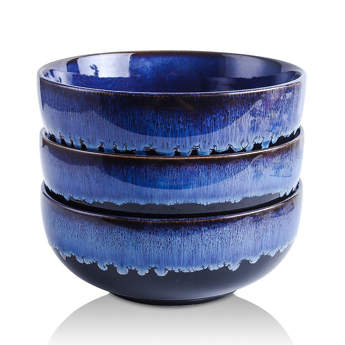 KOOV 58 oz Salad Bowls, Ceramic Bowl Set, Stackable Soup Bowls, Large Bowls, Reactive Glaze Set of 3 (Nebule Aegean)