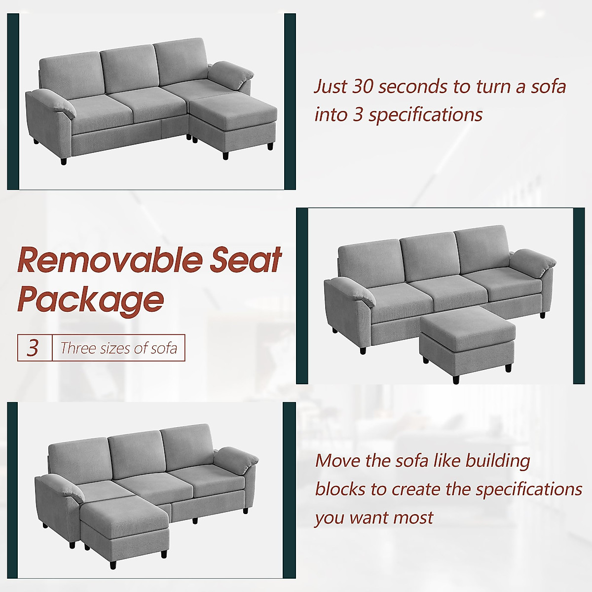 Vongrasig 79" Convertible Sectional Sofa Couch, 3 Seat L Shaped Sofa with Removable Pillows Linen Fabric Small Couch Mid Century for Living Room, Apartment and Office (Light Grey)