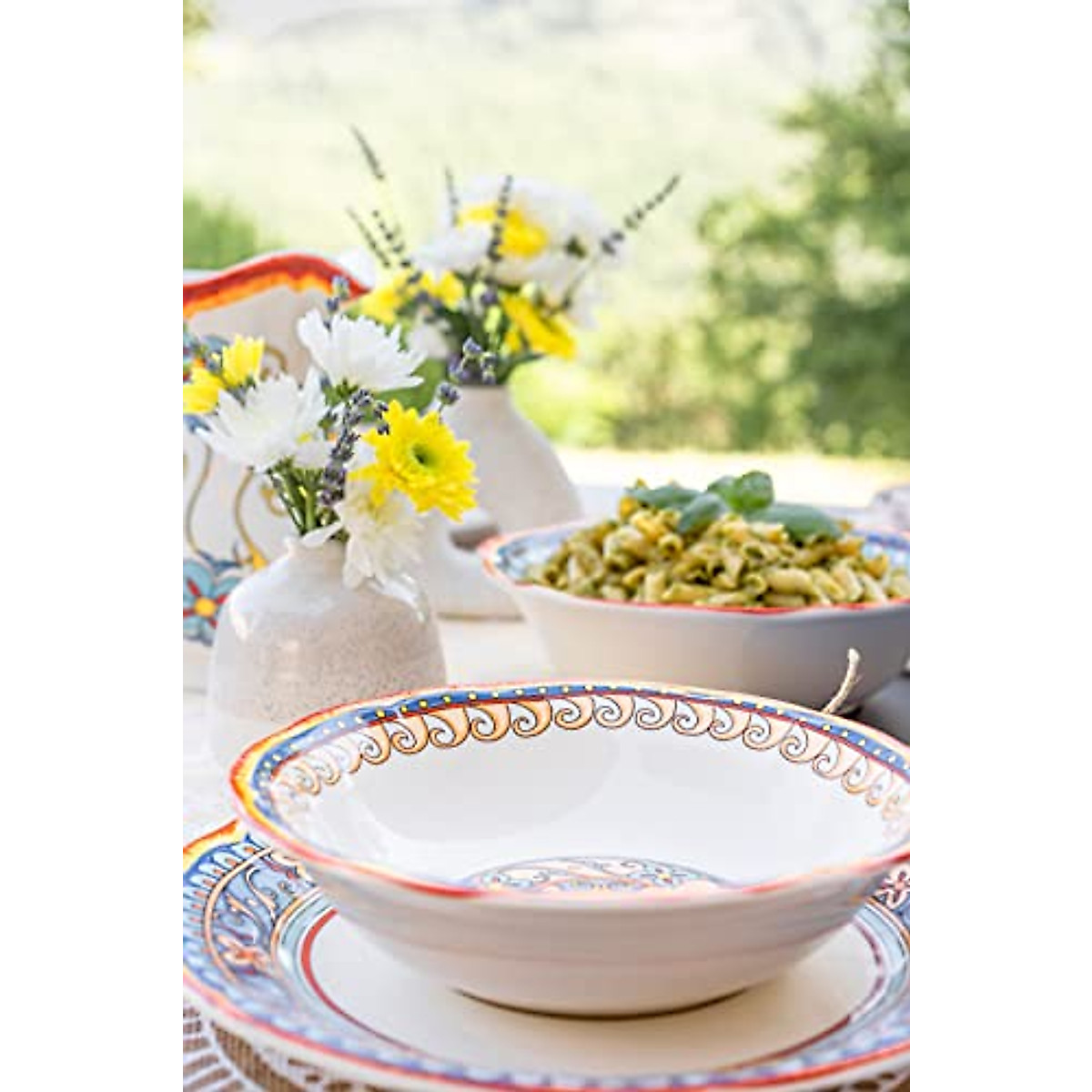 Euro Ceramica Duomo Collection Pasta Bowl Set of 4, Italian Floral Design, Multicolor, gold and cream, 34 fluid ounces