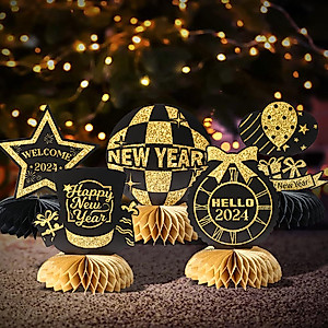 Happy New Year Honeycomb Centerpieces Decorations Pack of 12 3D Happy New Year Decorations 2024 for Happy New Year Theme Table Toppers New Year Eve Party Supplies 2024