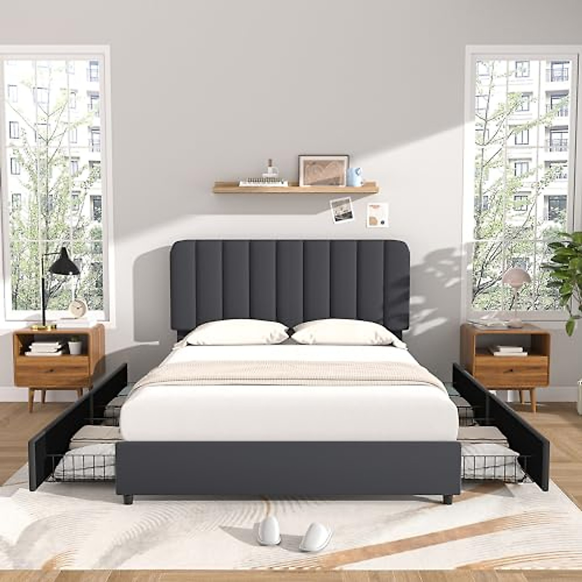 VECELO Queen Size Upholstered Bed Frame with 4 Drawers and Adjustable Headboard, Velvet Platform Storage Bedframe Mattress Foundation, Wooden Slats Support, No Box Spring Needed, Dark Grey