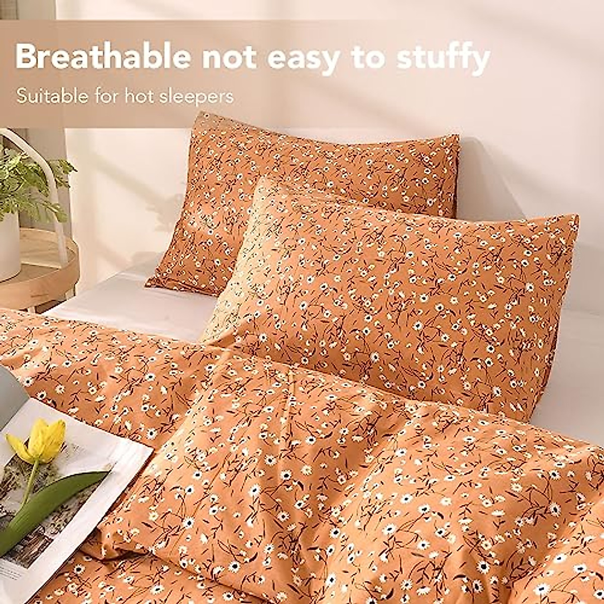 Lekesky Cotton Duvet Cover Queen Size - 100% Washed Cotton Orange Pattern Floral Duvet Cover for All Season, Soft and Breathable Bedding Set with Zipper Closure & Corner Ties
