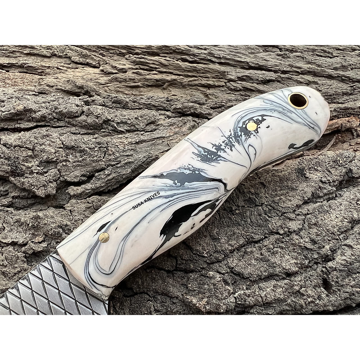 SUSA KNIVES Custom Handmade Rasp Bull Cutter knives horse file steel bull cutter knife, cowboy skinner knife with pancake leather sheath (WHITE)