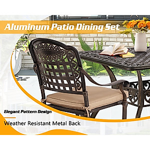 TITIMO Cast Aluminum Patio Dining Set 7-Piece with Cast-Top Table and Chairs with Cushions,Outdoor Furniture Set for Backyard Porch Pool (6 Love Chairs+Rect Table+Khaki Cushions)