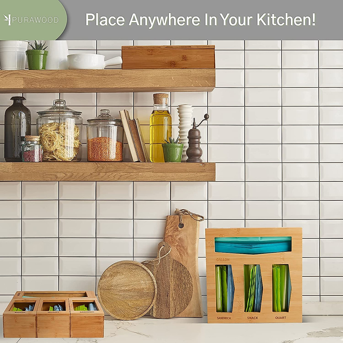 HAMMER CREATIONS Bamboo Wall Mount Zip Lock Sandwich Bag Organizer, Quart & Gallon Bags, Organize Drawer, Wood Variety Food Baggie Storage Dispenser Compatible with Ziploc, Solimo, Glad, Hefty Baggies