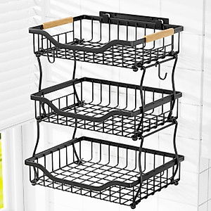 OKZEST 3-Tier Fruit Basket for Kitchen Counter with Banana Hangers, Wall Hanging Fruit Basket and Countertop Organizer Fruit Bowl, Fruit Storage Holder Stand for Potato Onion Snack Bread Fruit Veggie