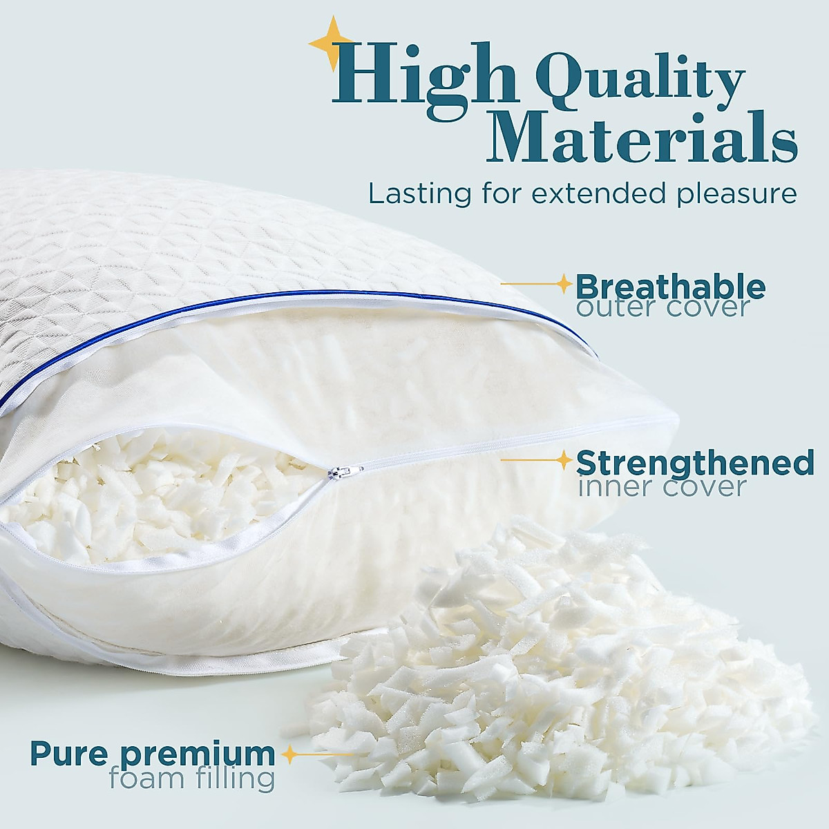 viewstar Pillows Queen Size Set of 2, Firm and Supportive Shredded Memory Foam Pillows, Adjustable Loft Back Side Sleeper Bed Pillow with Washable Removable Cover, 20"x 30"