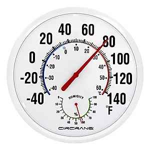 Circrane 13.25 Inch Round Thermometer with Hygrometer, Large Indoor Wall Thermometer Patio Bimetal Weather Thermometer, No Battery Required, White