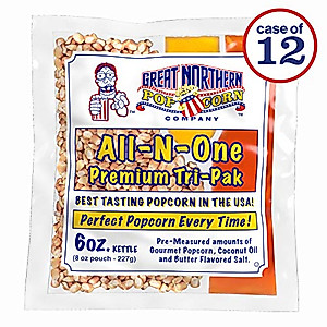 Case of 12 Popcorn Packs - All-In-One Kit with 6-Ounces of Pre-Measured Kernels, Salt, and Oil Packets for Popcorn Machines by Great Northern Popcorn
