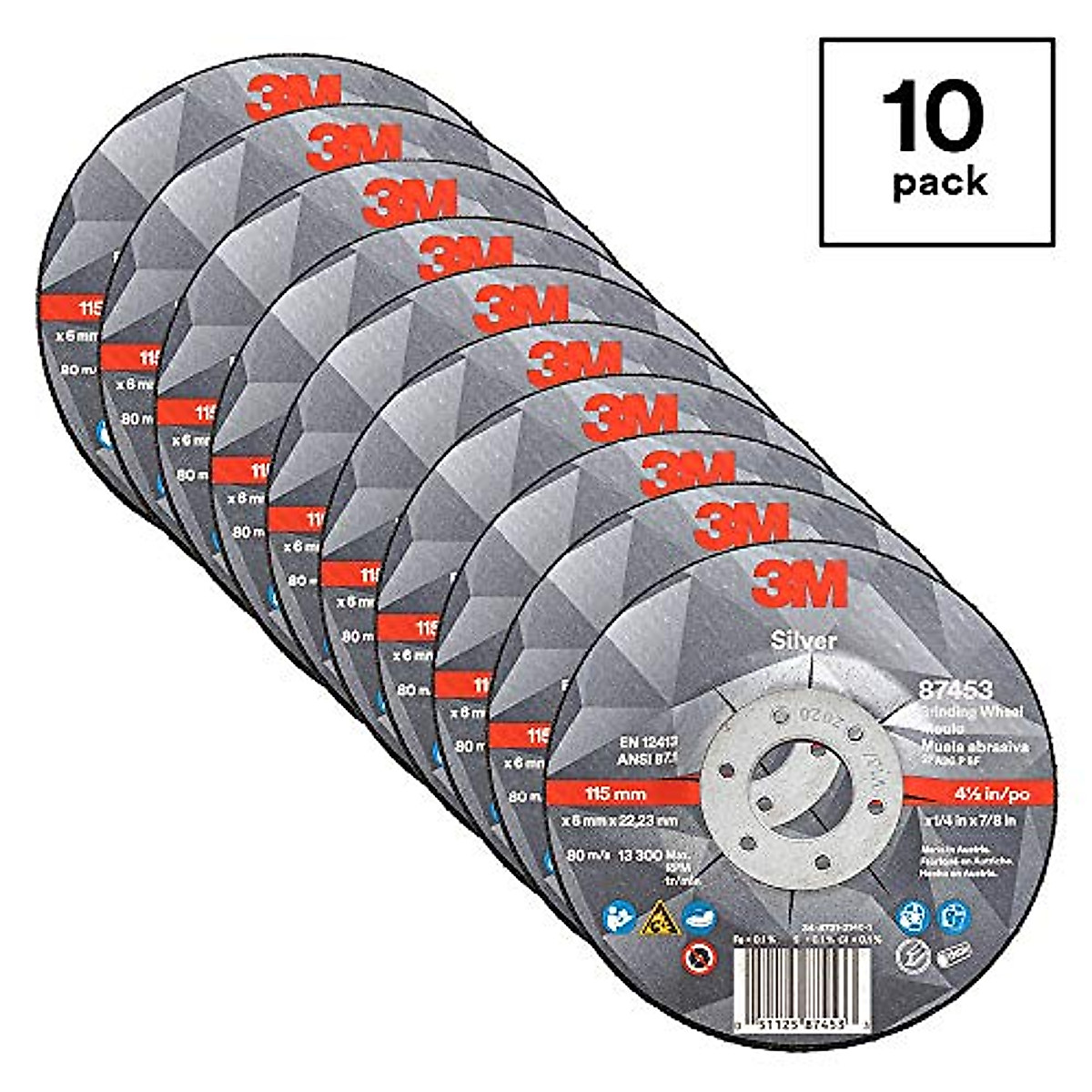 Cubitron II Silver Grinding Wheel, Depressed Center – for Right Angle Grinders – 4.5” Diameter x 1/4' Thick x 7/8” Arbor Hole – Type 27 – 87453 – Pack of 10