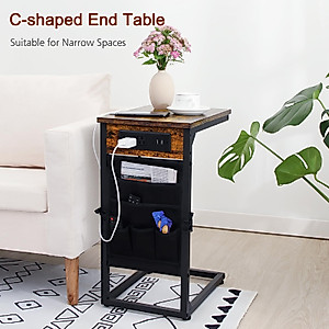 AMHANCIBLE C Shaped End Table with Charging Station, TV Tray Set of 2 with Storage, Couch Tables That Slide Under, Sofa Table for Living Room, Bedroom HET04CBR