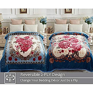 JYK Heavy Korean Faux Mink Fleece Blanket, 5 LB - 2 Ply Reversible 520GSM Silky Soft Plush Warm Blanket for Autumn Winter (Queen, Flower/Light Blue)