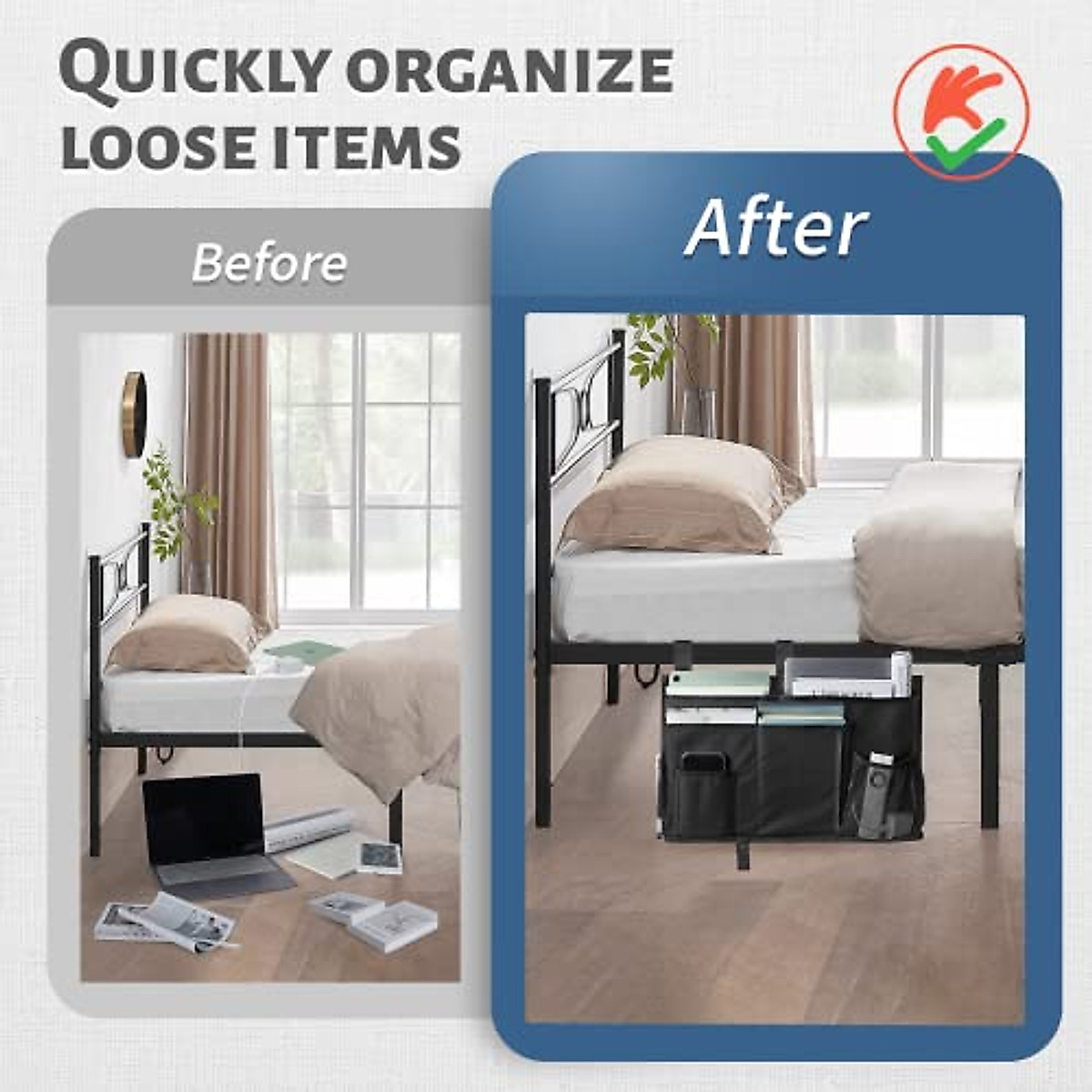 hizgo Bedside Caddy, Hanging Bedside Storage Organizer with 8 Pockets, Bunk Bed Organizer for College Dorm Room, Bunk/Loft Bed, Hospital Bed Rail, Camp (Black)