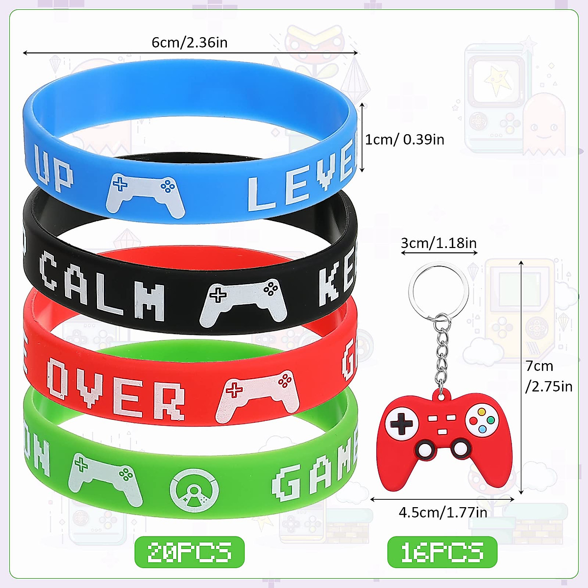 60 Pieces Video Game Party Favors Gifts Set Includes 20 Video Game Bracelets Wristbands, 24 Video Game Stampers, 16 Game Handle Keychains for Game Party Supplies (Classic Style)