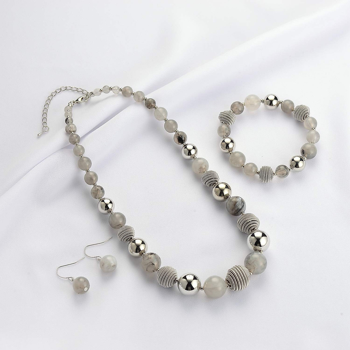 PEARL&CLUB Beaded Chunky Statement Necklace Earring and Bracelet Set Silver Metal Bead Fashion Jewelry Set Mothers’ Day Gifts for Women (Grey)