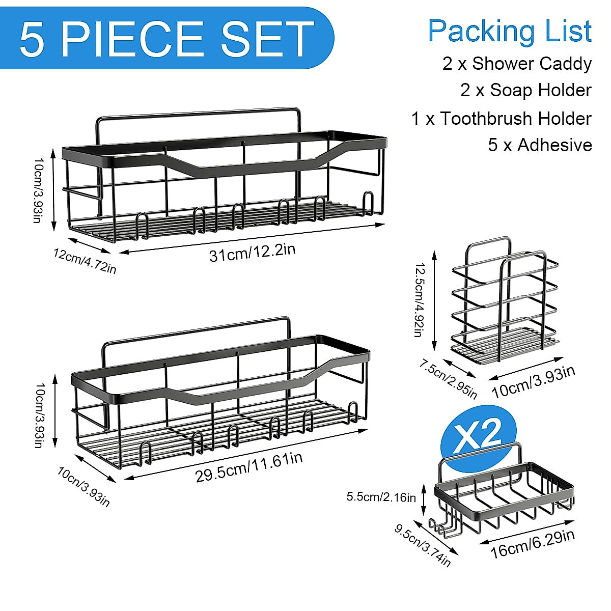 NEATEST Shower Caddy Set, 5-Pack Shower Organizer No Drilling Wall Mounted Bathroom Organizers and Storage Shower Shelves Rack with Soap Holder for Inside Shower (Black)